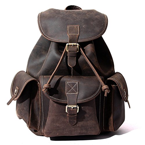 Berchirly Drawstring Backpacks Ladies 14.7Inch Leather School Shoulder Bags Bookbag Men Women Outdoor Bagpack Dark Coffee