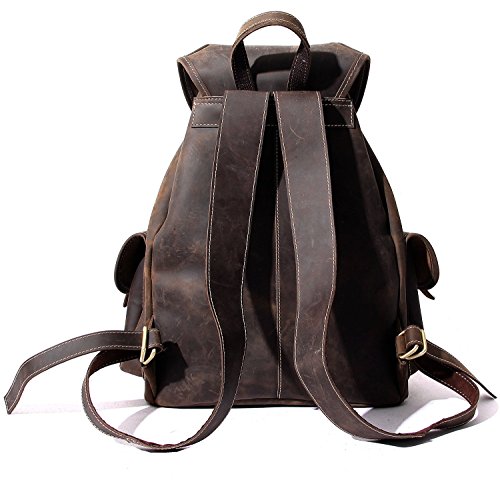 Berchirly Drawstring Backpacks Ladies 14.7Inch Leather School Shoulder Bags Bookbag Men Women Outdoor Bagpack Dark Coffee