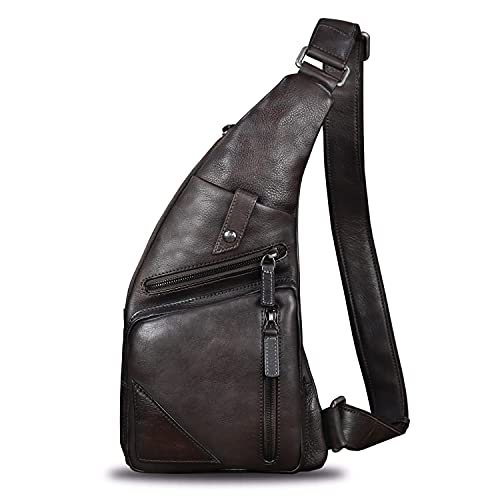 Genuine Leather Sling Bag for Men Vintage Handmade Crossbody Daypack Hiking Backpack Retro Crossbody Shoulder Bag (DarkCoffee)