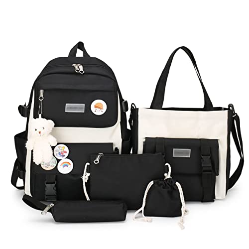 AONUOWE 5pcs Aesthetic Backpack Set for School Teens Girls Daypack Cute Trendy Large Capacity Preppy Shoulder Bag (Black)