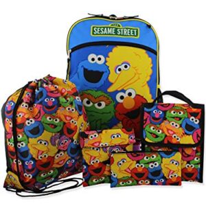 Sesame Street Boys Girls 5 piece Backpack Lunch Bag and Snack Bag School Set (One Size, Blue/Multi)