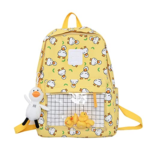 TEEQ Cute Duck Backpack with Doll Animals ,Kawaii Backpack for School,Fashion Bookbags for Teen girls.Yellow