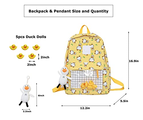 TEEQ Cute Duck Backpack with Doll Animals ,Kawaii Backpack for School,Fashion Bookbags for Teen girls.Yellow