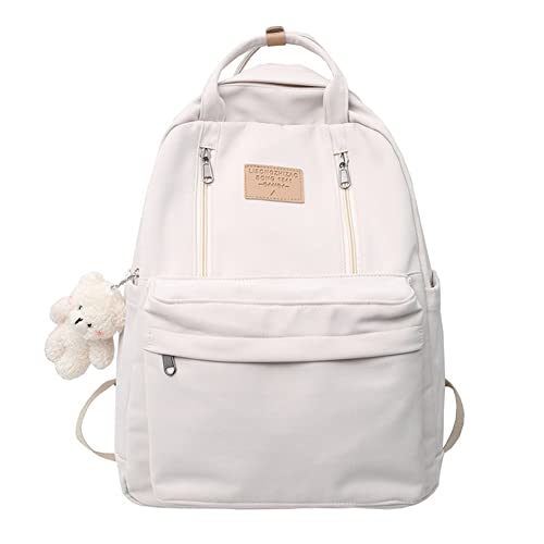 Preppy Backpack with Plushies Cute Vintage Backpack for School Girls Light Academia Bookbags Preppy Aesthetic Backpack (Beige)