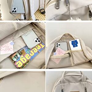 Preppy Backpack with Plushies Cute Vintage Backpack for School Girls Light Academia Bookbags Preppy Aesthetic Backpack (Beige)