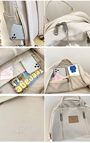 Preppy Backpack with Plushies Cute Vintage Backpack for School Girls Light Academia Bookbags Preppy Aesthetic Backpack (Beige)