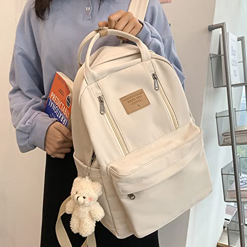 Preppy Backpack with Plushies Cute Vintage Backpack for School Girls Light Academia Bookbags Preppy Aesthetic Backpack (Beige)