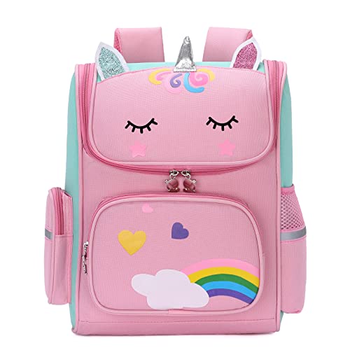 15 inch Cute Unicorn School Backpack for Girls, Lightweight Kids School Bag BookBags Elementary Primary with Chest Straps (Pink)