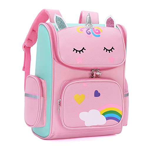 15 inch Cute Unicorn School Backpack for Girls, Lightweight Kids School Bag BookBags Elementary Primary with Chest Straps (Pink)