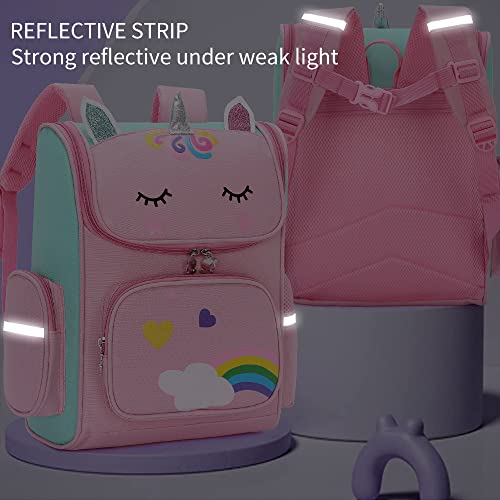 15 inch Cute Unicorn School Backpack for Girls, Lightweight Kids School Bag BookBags Elementary Primary with Chest Straps (Pink)