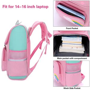 15 inch Cute Unicorn School Backpack for Girls, Lightweight Kids School Bag BookBags Elementary Primary with Chest Straps (Pink)