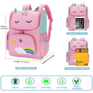 15 inch Cute Unicorn School Backpack for Girls, Lightweight Kids School Bag BookBags Elementary Primary with Chest Straps (Pink)