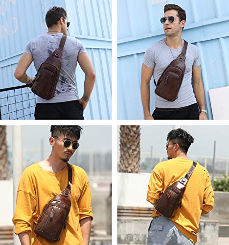 Genuine Leather Men Bag Shoulder Bags Backpack Outdoor Casual Crossbody Bag (Brown)