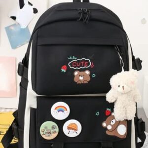 HUIHSVHA 5 PCS Kawaii Backpack Set for Teens Girls, Aesthetic School Laptop Bag Shoulder Bag Canvas Daypack with Bear Pendant