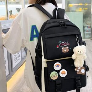 HUIHSVHA 5 PCS Kawaii Backpack Set for Teens Girls, Aesthetic School Laptop Bag Shoulder Bag Canvas Daypack with Bear Pendant