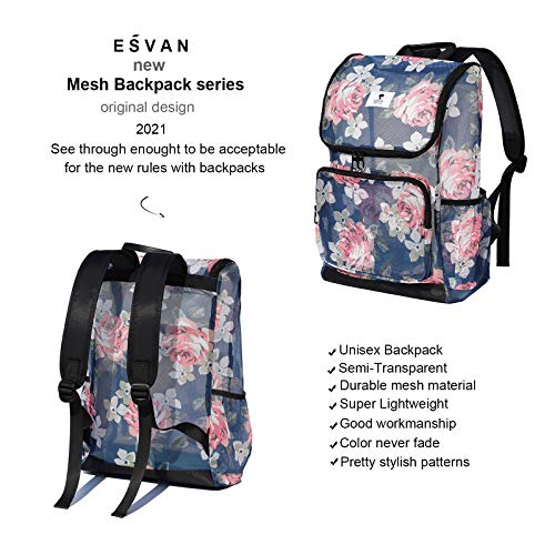 ESVAN Original Print Mesh Backpack Clear Bag See through Pack for School Beach Gym Multi-Purpose Women Men (G)