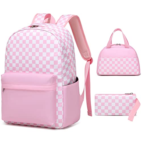 Sunborls Teen Girls Large Capacity Bookbags Backpack with Lunch Box and Pencil Case 3pcs Back To School Backpacks Gift（Plaid Pink）