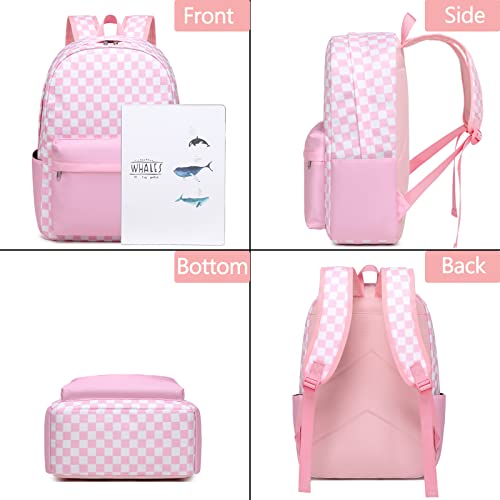 Sunborls Teen Girls Large Capacity Bookbags Backpack with Lunch Box and Pencil Case 3pcs Back To School Backpacks Gift（Plaid Pink）