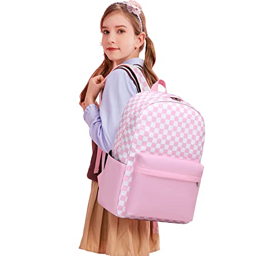 Sunborls Teen Girls Large Capacity Bookbags Backpack with Lunch Box and Pencil Case 3pcs Back To School Backpacks Gift（Plaid Pink）