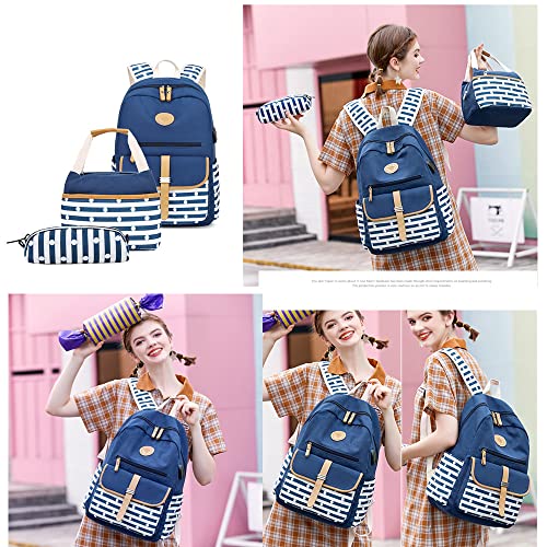 Kids Backpack for Girls Boys Elementary Middle School Backpacks Teen Bookbag with Lunch Box Lightweight Canvas Daypacks Laptop Rucksack(Dark Blue)