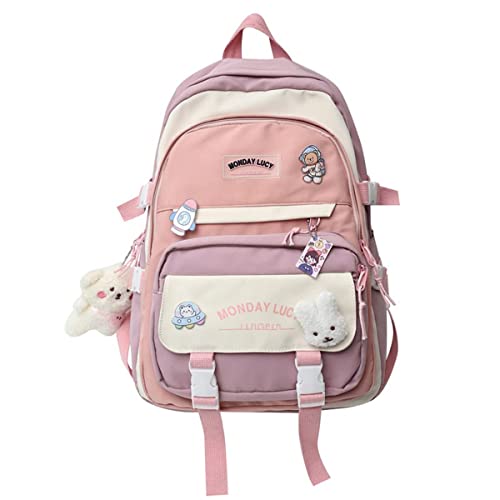 Cute School Backpack for Teen Elementary Girls Bookbag Bear Aesthetic Pink Backpacks