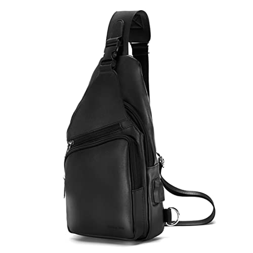 Xinteorao Men's Leather Sling Bag Shoulder Chest Crossbody Bag with USB Charging Port Black