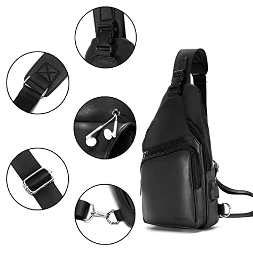 Xinteorao Men's Leather Sling Bag Shoulder Chest Crossbody Bag with USB Charging Port Black