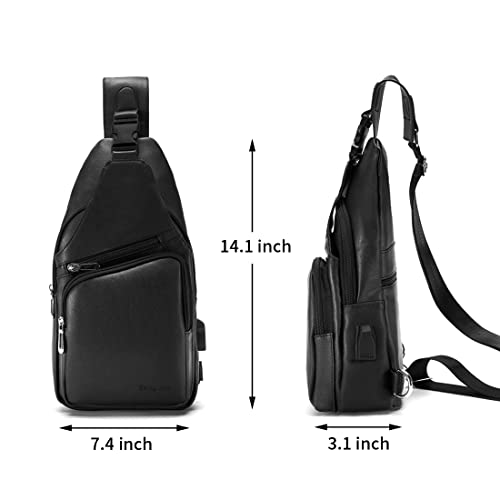 Xinteorao Men's Leather Sling Bag Shoulder Chest Crossbody Bag with USB Charging Port Black