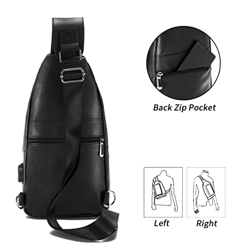 Xinteorao Men's Leather Sling Bag Shoulder Chest Crossbody Bag with USB Charging Port Black