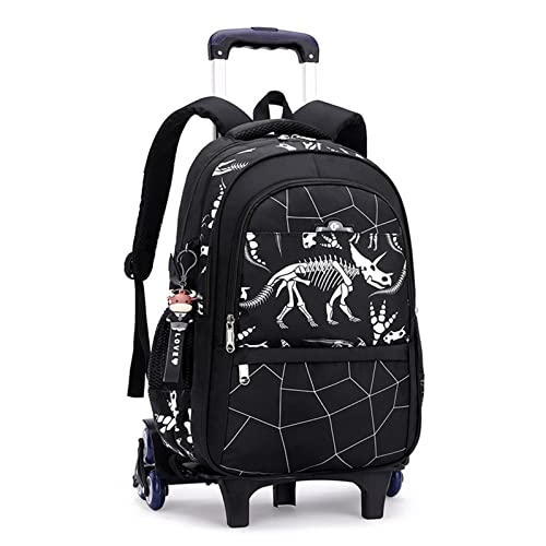 CUSALBOY School Bags Boy Oxford Cloth Vacation Backpack Travel Bag Luggage Trolley Case with Six Wheels and Dinosaur Pattern (black 1)