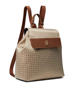 tommy hilfiger camilla ii flap backpack-square monogram jacquard khaki tonal one size