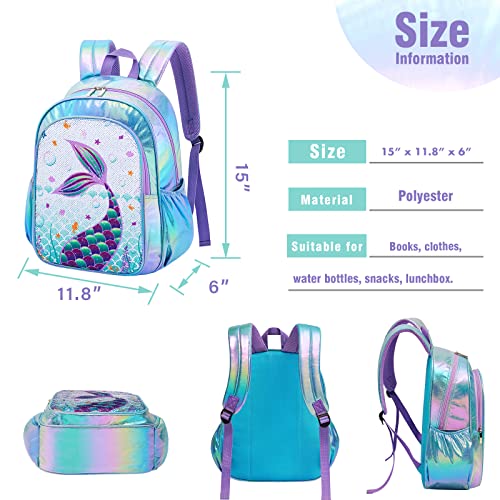 WAWSAM Sequin Mermaid Kids Backpack - Sparkly School Backpack for Girls Toddler Preschool Kindergarten Elementary 15" Hiking Travel Casual Blue Book Bag