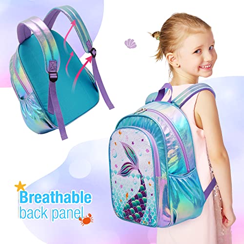 WAWSAM Sequin Mermaid Kids Backpack - Sparkly School Backpack for Girls Toddler Preschool Kindergarten Elementary 15" Hiking Travel Casual Blue Book Bag