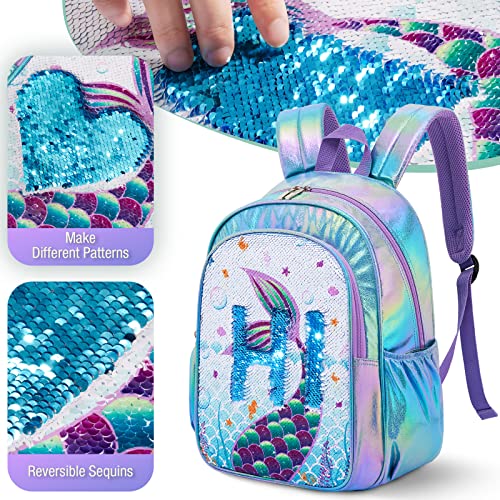 WAWSAM Sequin Mermaid Kids Backpack - Sparkly School Backpack for Girls Toddler Preschool Kindergarten Elementary 15" Hiking Travel Casual Blue Book Bag