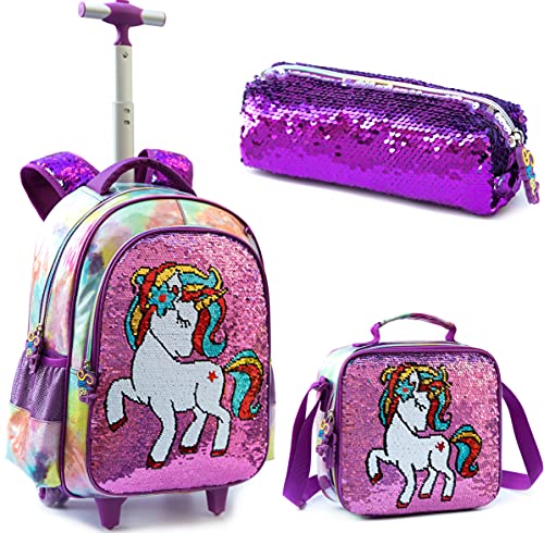 Egchescebo 3PCS Girls School Kids Rolling Backpack With Wheels Trolley Wheeled Backpacks for Girls Travel Bags Girls Backpack With Lunch Box Purple