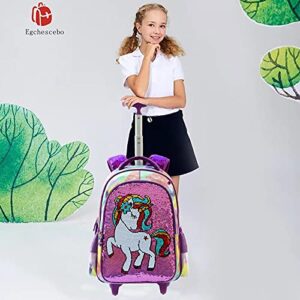 Egchescebo 3PCS Girls School Kids Rolling Backpack With Wheels Trolley Wheeled Backpacks for Girls Travel Bags Girls Backpack With Lunch Box Purple