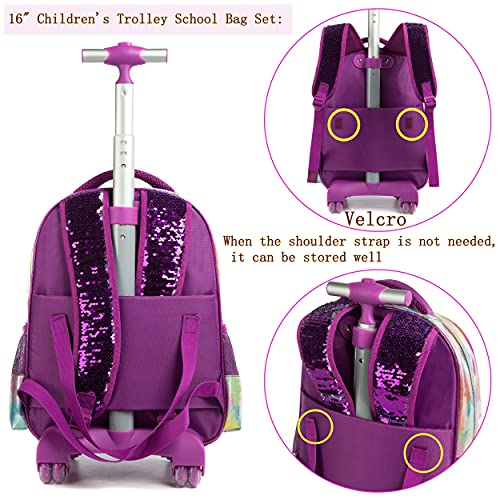 Egchescebo 3PCS Girls School Kids Rolling Backpack With Wheels Trolley Wheeled Backpacks for Girls Travel Bags Girls Backpack With Lunch Box Purple