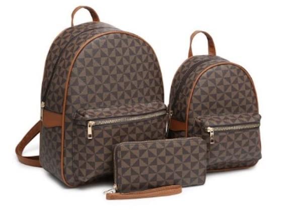 Premium Lux Details Set of 3 Zipper Backpack,Logo Print Design (Signature Brown),Crossbody&Wallet Teens,Adults College,Travel,Hikes