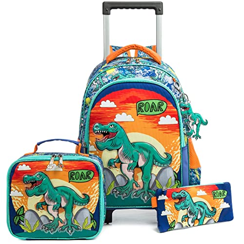 Egchescebo School Bags Kids Rolling Dinosaur Backpack for Boys Luggage Suitcase With Wheels Trolley Wheeled Backpacks Travel Bags 3PCS Boys Backpack With Lunch Green