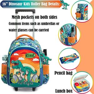 Egchescebo School Bags Kids Rolling Dinosaur Backpack for Boys Luggage Suitcase With Wheels Trolley Wheeled Backpacks Travel Bags 3PCS Boys Backpack With Lunch Green