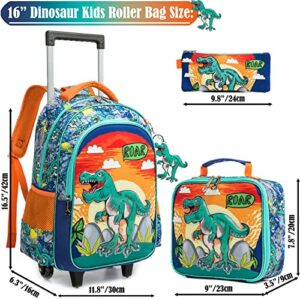 Egchescebo School Bags Kids Rolling Dinosaur Backpack for Boys Luggage Suitcase With Wheels Trolley Wheeled Backpacks Travel Bags 3PCS Boys Backpack With Lunch Green