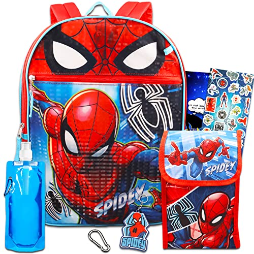 Marvel Spiderman Backpack with Lunch Box - Bundle with Spiderman Backpack for Boys 4-6, Spiderman Lunch Box, Water Pouch, Stickers (Spiderman Backpack for Kids)