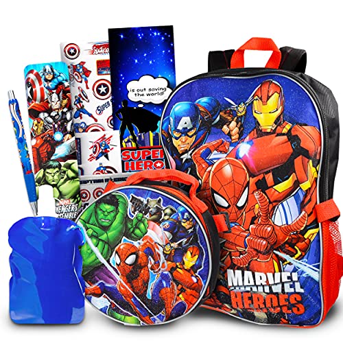 Marvel Shop Marvel Avengers Backpack for Boys, Girls, Kids - 7 Pc Bundle With 16 Marvel Superhero School Bag, Avengers Lunch Bag, Water Pouch, Stickers, And More (Avengers School Supplies), Large