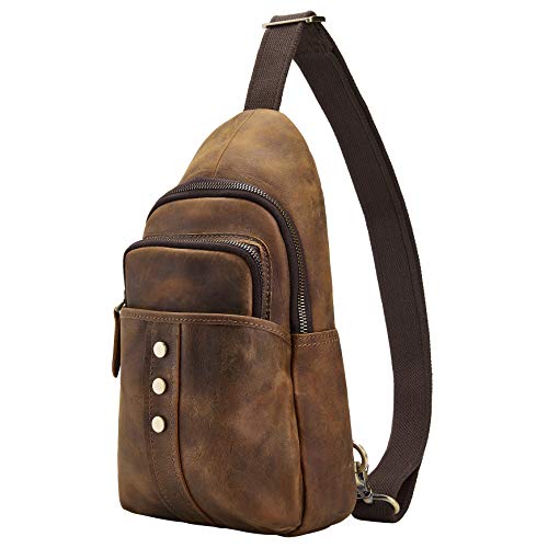 BRASS TACKS Leathercraft Vintage Full Grain Leather Sling Bag Crossbody Chest Daypack For Men Water Resistant Travel Crossbody Bag (Brown)