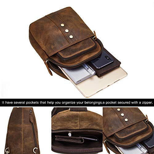 BRASS TACKS Leathercraft Vintage Full Grain Leather Sling Bag Crossbody Chest Daypack For Men Water Resistant Travel Crossbody Bag (Brown)