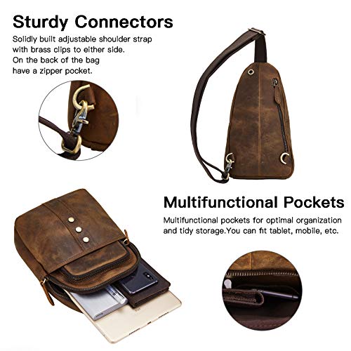 BRASS TACKS Leathercraft Vintage Full Grain Leather Sling Bag Crossbody Chest Daypack For Men Water Resistant Travel Crossbody Bag (Brown)