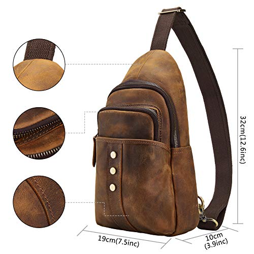 BRASS TACKS Leathercraft Vintage Full Grain Leather Sling Bag Crossbody Chest Daypack For Men Water Resistant Travel Crossbody Bag (Brown)