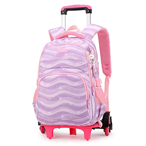 Stripe Rolling Trolley Bag Wheeled Backpack for Girls Primary Geometric Schoolbag Elementary Bookbag (Purple Pink)