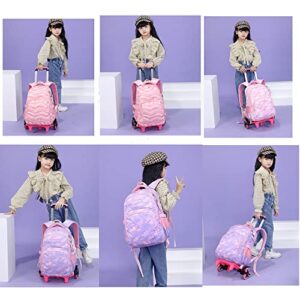 Stripe Rolling Trolley Bag Wheeled Backpack for Girls Primary Geometric Schoolbag Elementary Bookbag (Purple Pink)