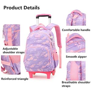 Stripe Rolling Trolley Bag Wheeled Backpack for Girls Primary Geometric Schoolbag Elementary Bookbag (Purple Pink)